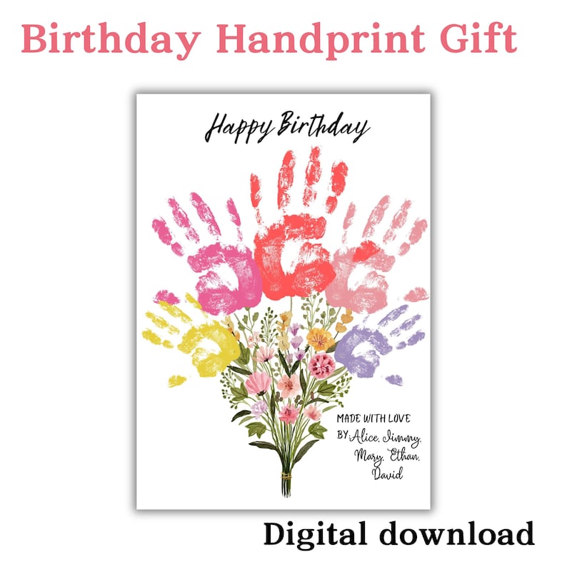 Happy Birthday Handprint Art Template | Flowers Handprint Birthday Card ...