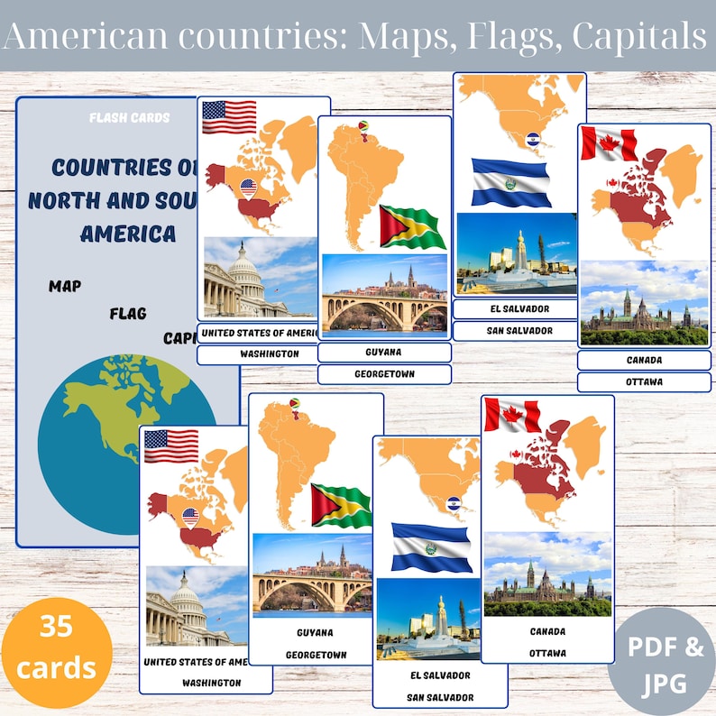 Countries of America Flashcards: Maps, Flags, Capitals (printable ...