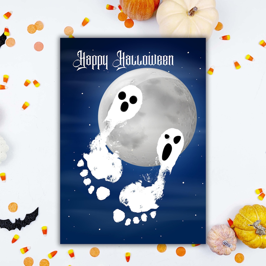 Halloween Ghost Footprint Craft: Printable DIY Halloween Card (PDF ...