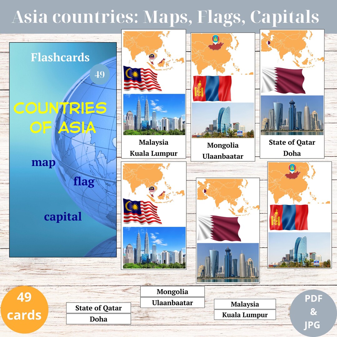 Explore Asia: Printable Flashcards With Maps, Flags & Capitals for Kids ...