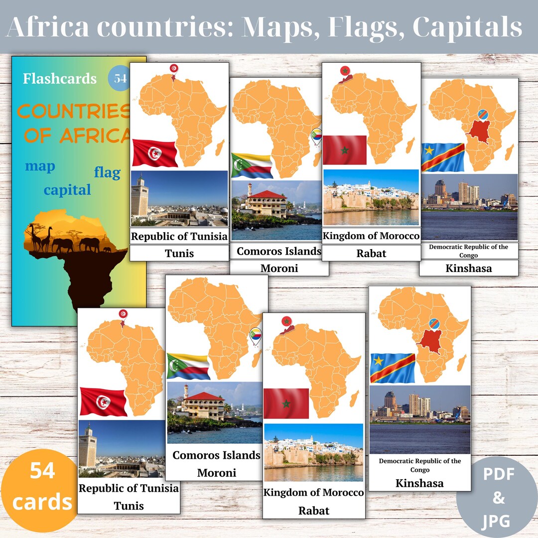 Africa Countries Flashcards: Maps, Flags, Capitals (PDF & JPG) - Etsy