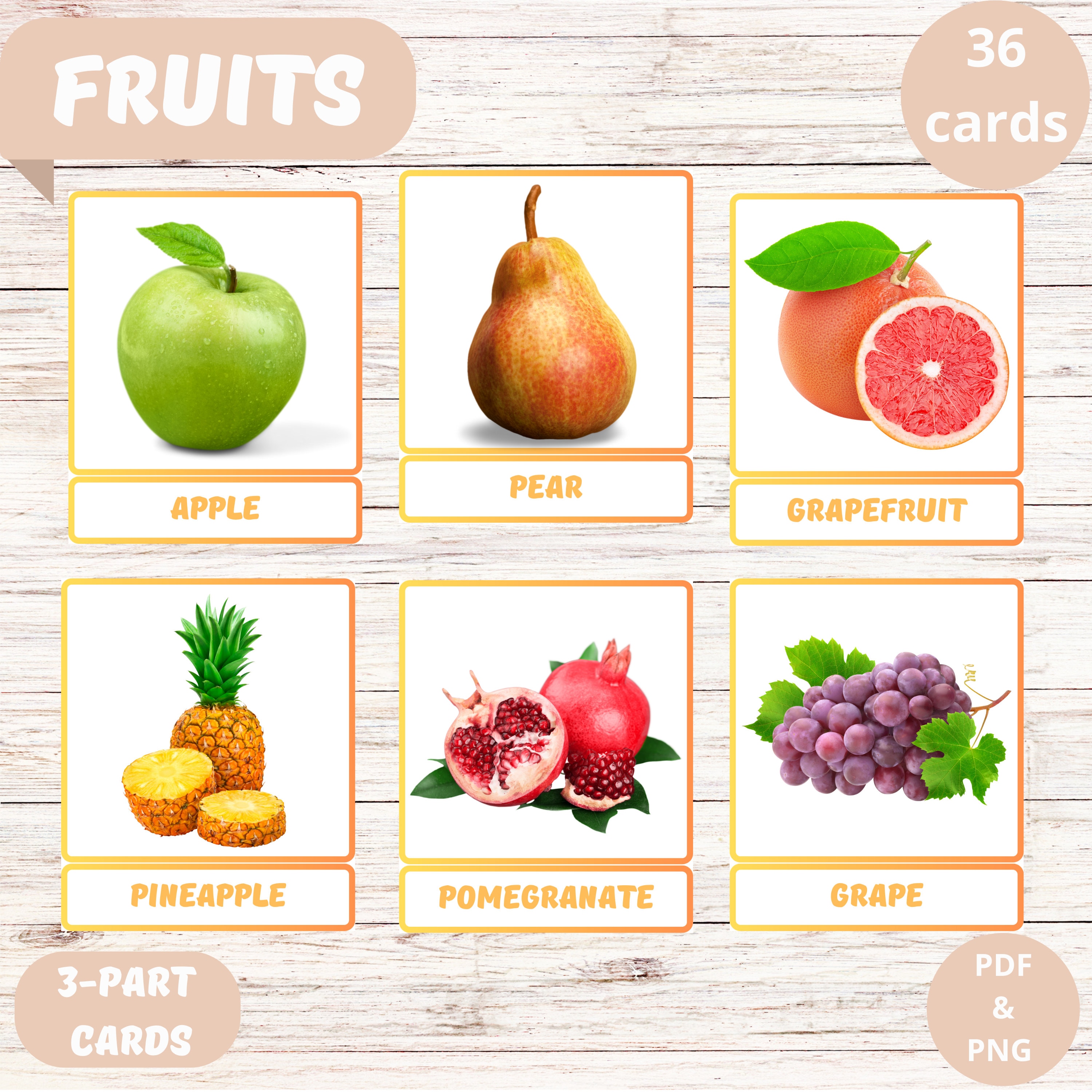 Educational Fruits Flashcards for Kids| 36 Fruits Three-part Cards ...