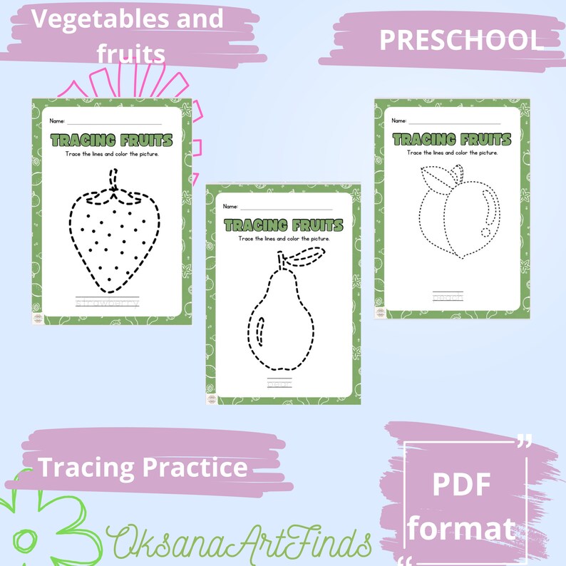 Tracing Practice. 25 Images of Fruits and Vegetables. Worksheets for ...