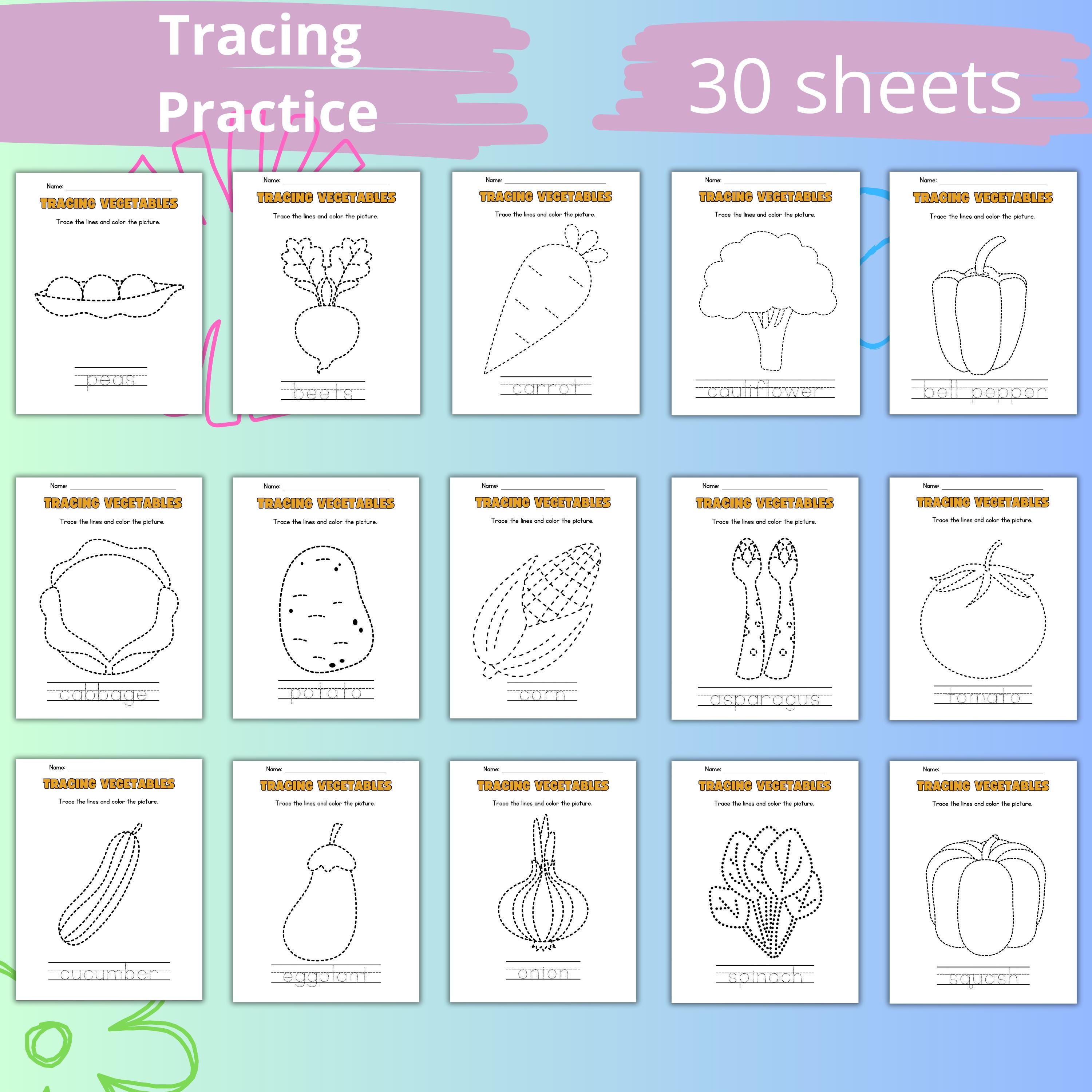 Tracing Fruits and Vegetables Worksheets | Writing Practice for Kids ...