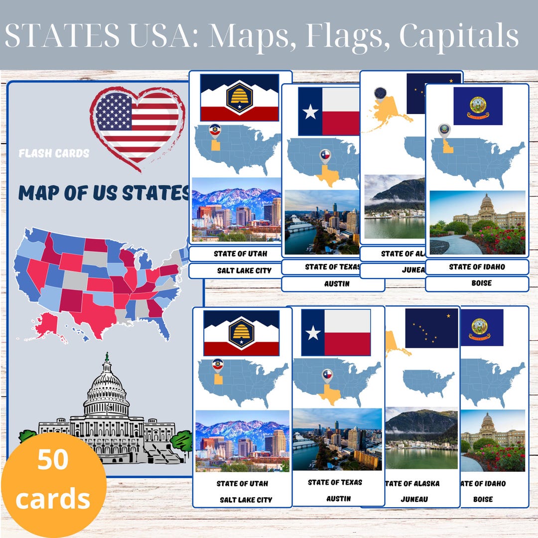 USA Flash Cards With Maps, Flags, Capitals | Fun Learning Tool for Kids ...