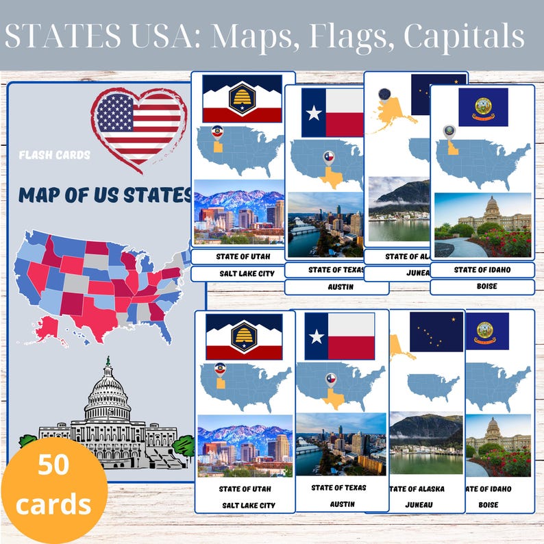 USA Flash Cards With Maps, Flags, Capitals | Fun Learning Tool for Kids ...