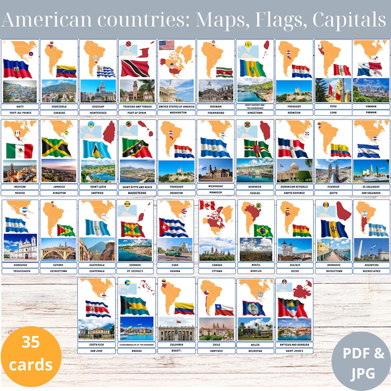 Countries of America Flashcards: Maps, Flags, Capitals (printable) - Etsy