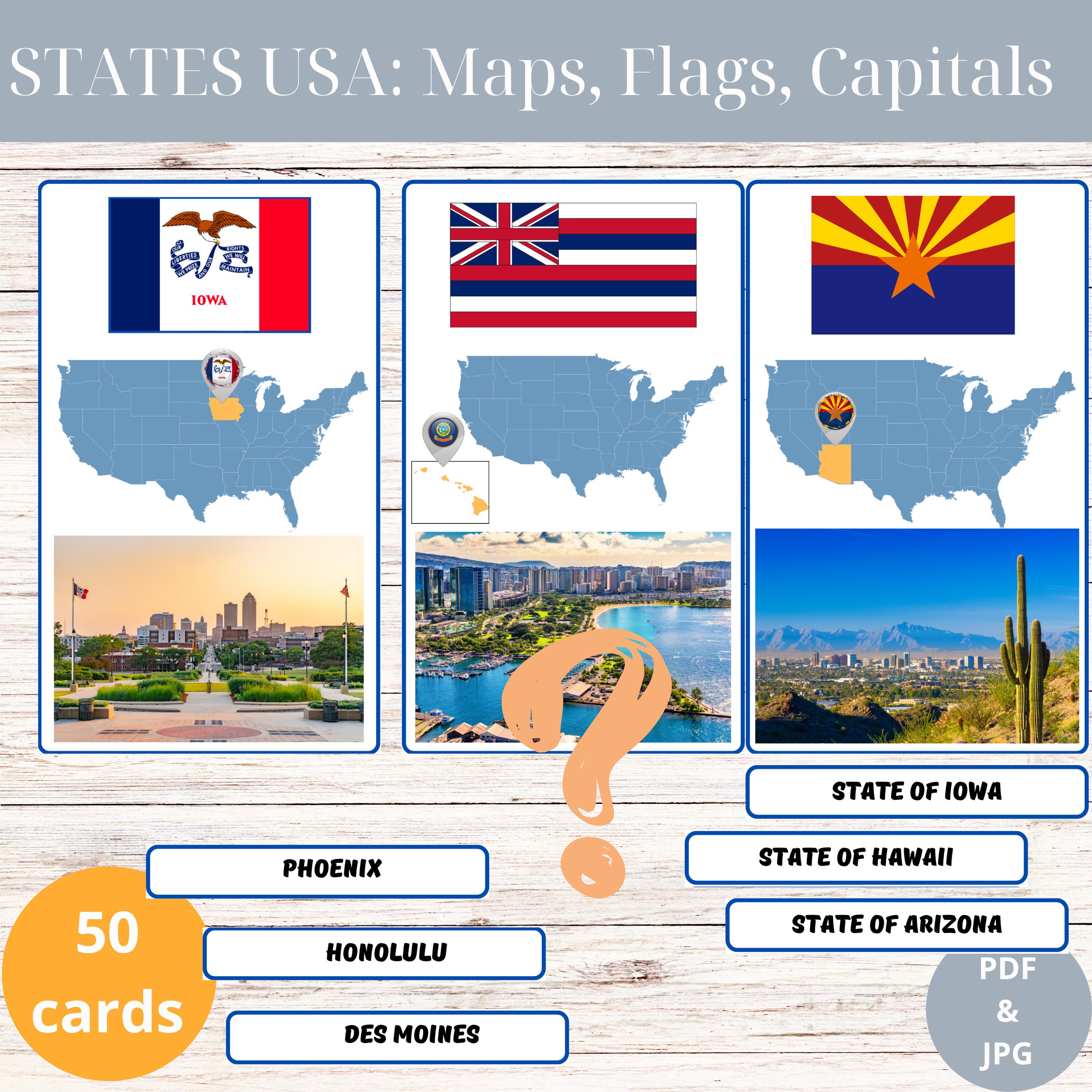 USA Flash Cards With Maps, Flags, Capitals | Fun Learning Tool for Kids ...