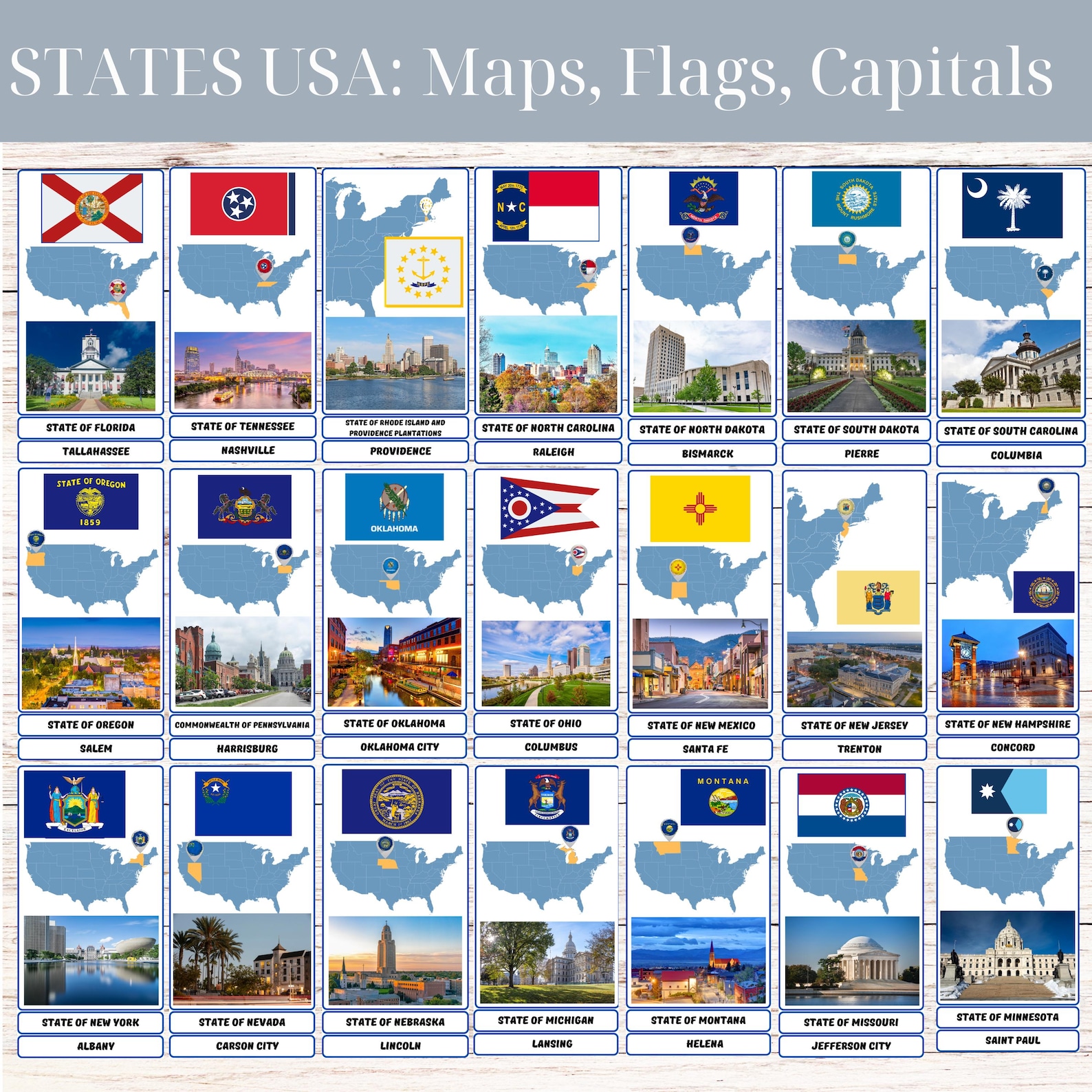USA Flash Cards With Maps, Flags, Capitals | Fun Learning Tool for Kids ...