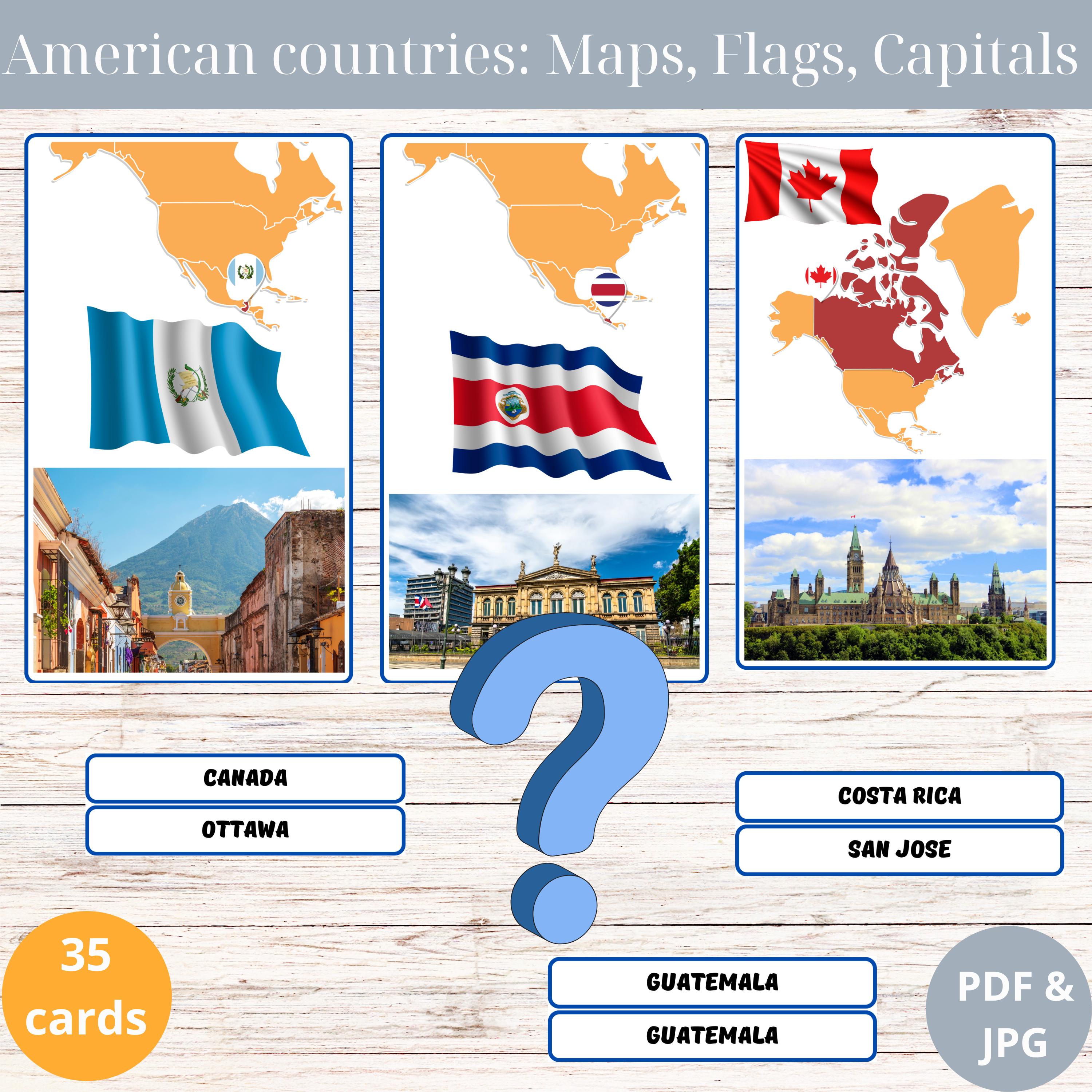 Countries of America Flashcards: Maps, Flags, Capitals (printable) - Etsy