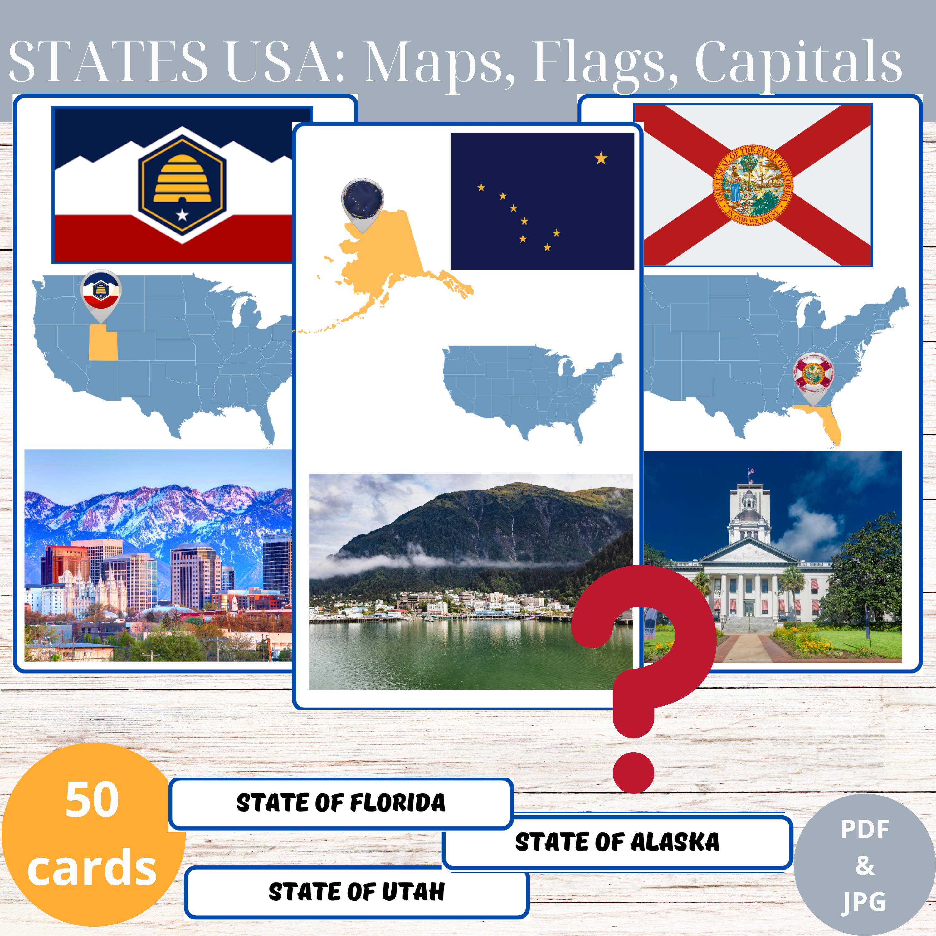 USA Flash Cards With Maps, Flags, Capitals | Fun Learning Tool for Kids ...