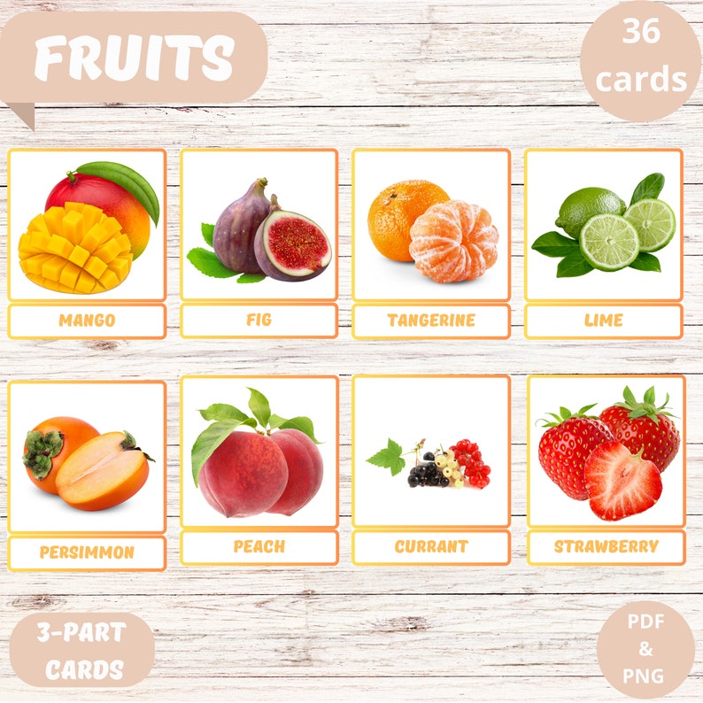 Educational Fruits Flashcards for Kids| 36 Fruits Three-part Cards ...