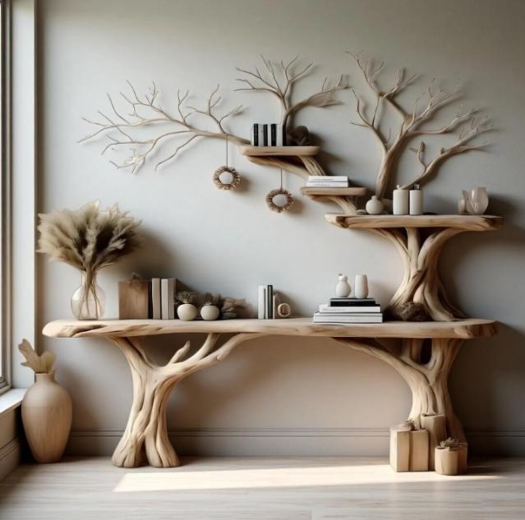 Rustic Console Table With Twig Bookshelf, Narrow Live Edge Farmhouse ...