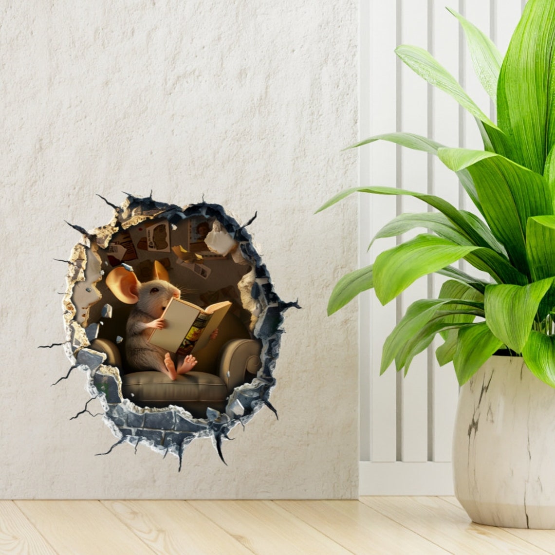 Reading Mouse Sticker, 3D Wall Decal, Mouse Hole, Mouse Hole 3D Wall ...