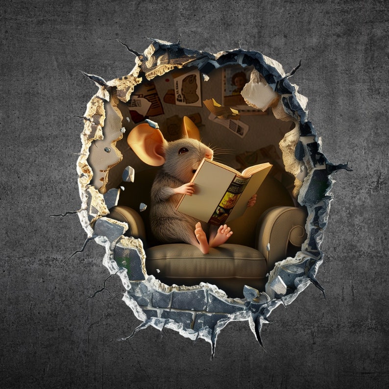 Reading Mouse Sticker, 3D Wall Decal, Mouse Hole, Mouse Hole 3D Wall ...