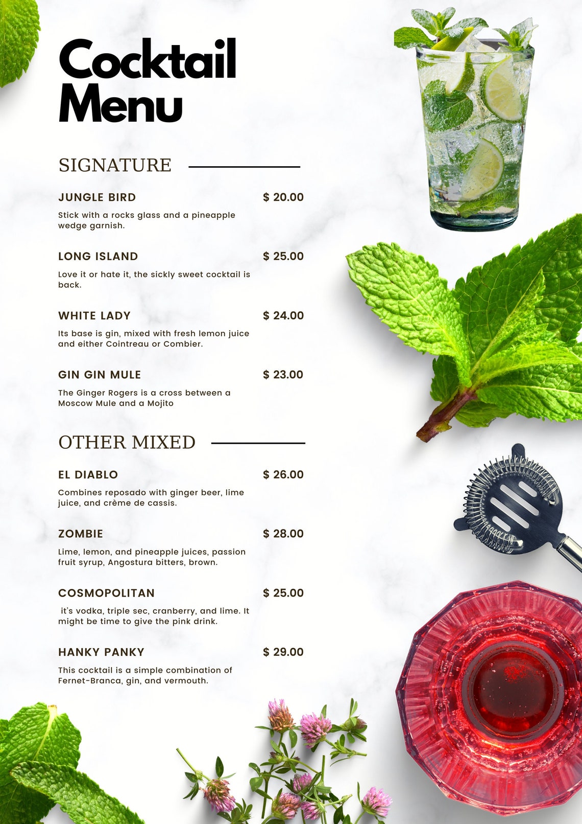 Cocktail Menu Template, Printable Drinks Menu, Printable Bar Menu ...