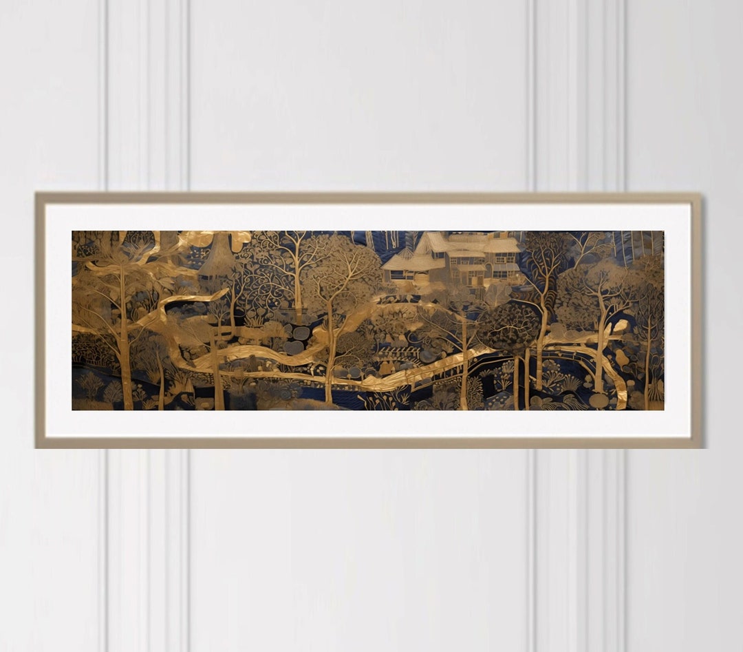 PRINTABLE Golden Pathways Blue & Gold Panoramic Image Digital Art ...