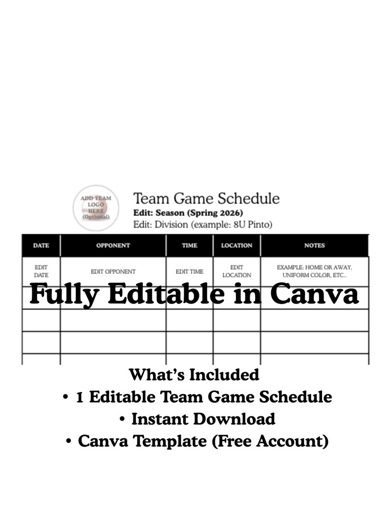 Team Game Schedule Printable | Youth Sports Schedule Template ...