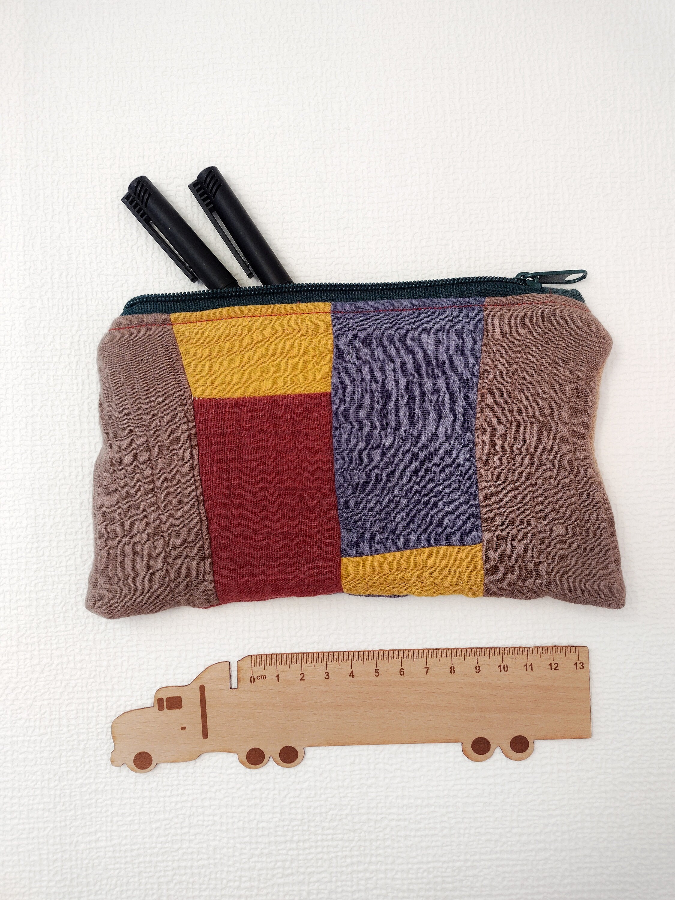 Scrappy Linen Zipper Bag Organizer, Large Patchwork Purse With Zip for ...