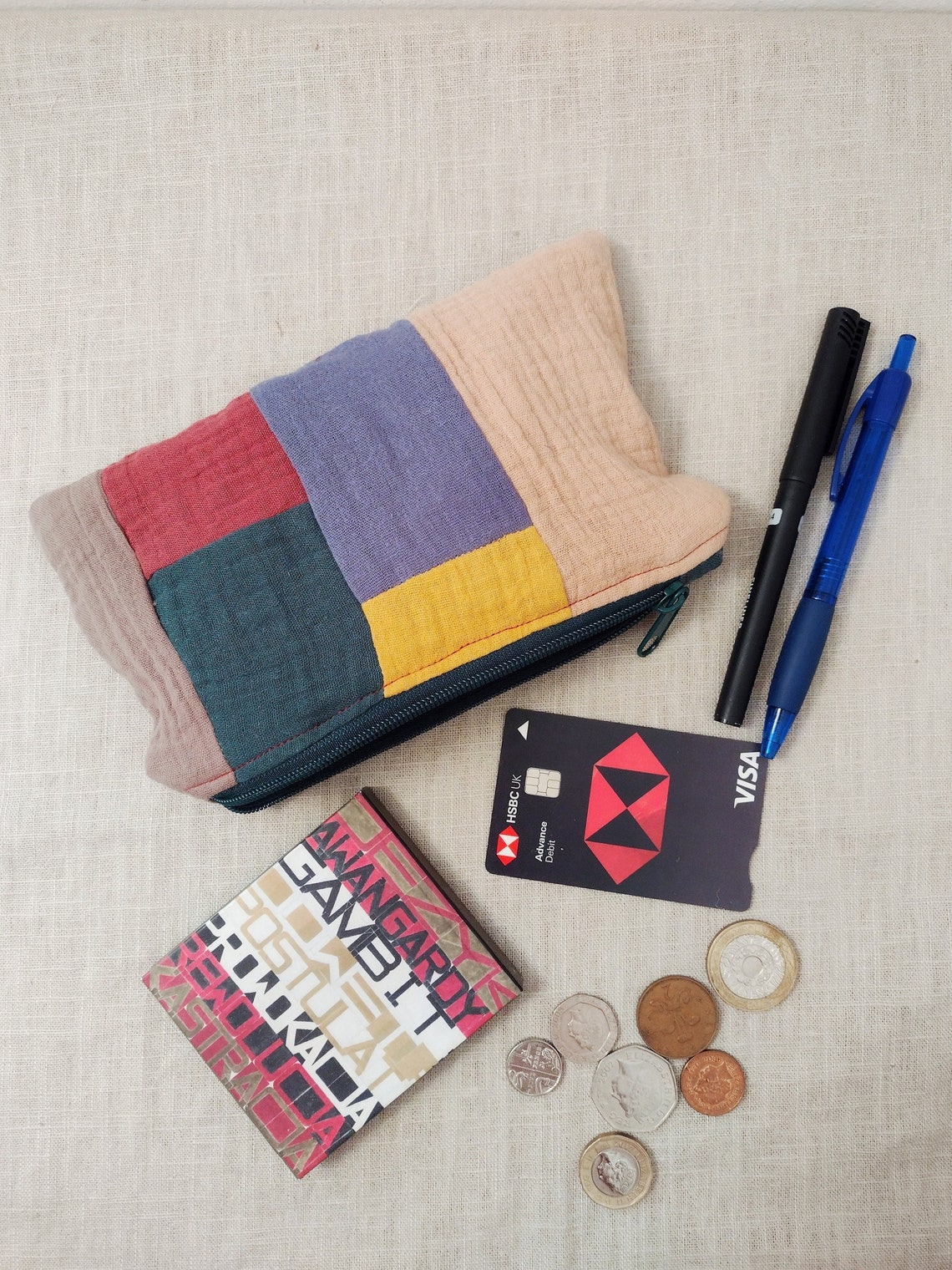 Scrappy Linen Zipper Bag Organizer, Large Patchwork Purse With Zip for ...