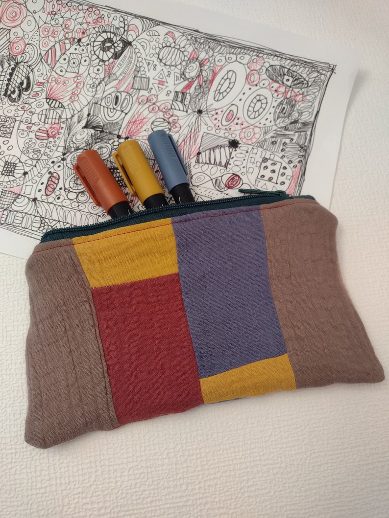 Scrappy Linen Zipper Bag Organizer, Large Patchwork Purse With Zip for Travel Essentials, Zero ...