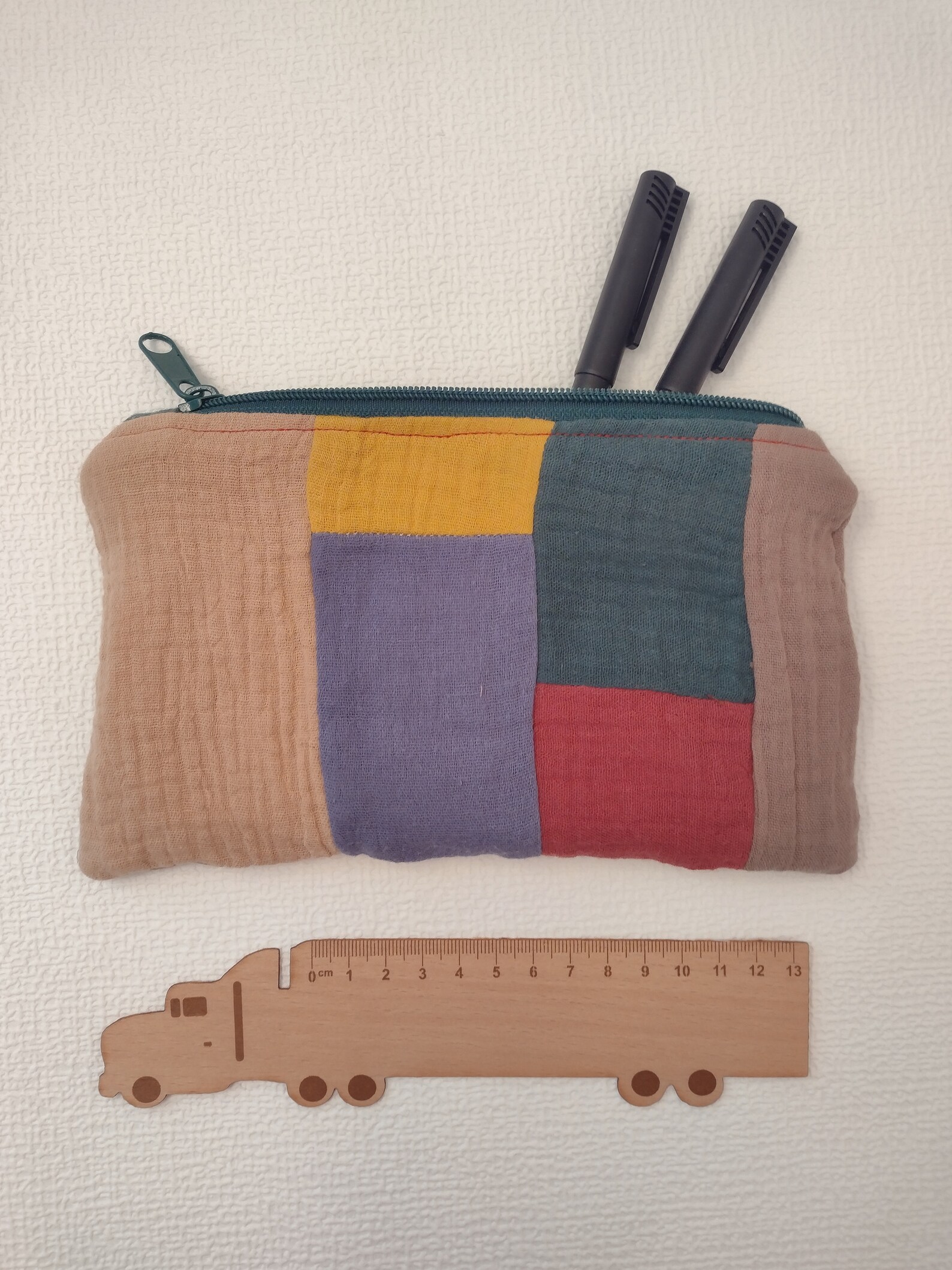 Scrappy Linen Zipper Bag Organizer, Large Patchwork Purse With Zip for ...