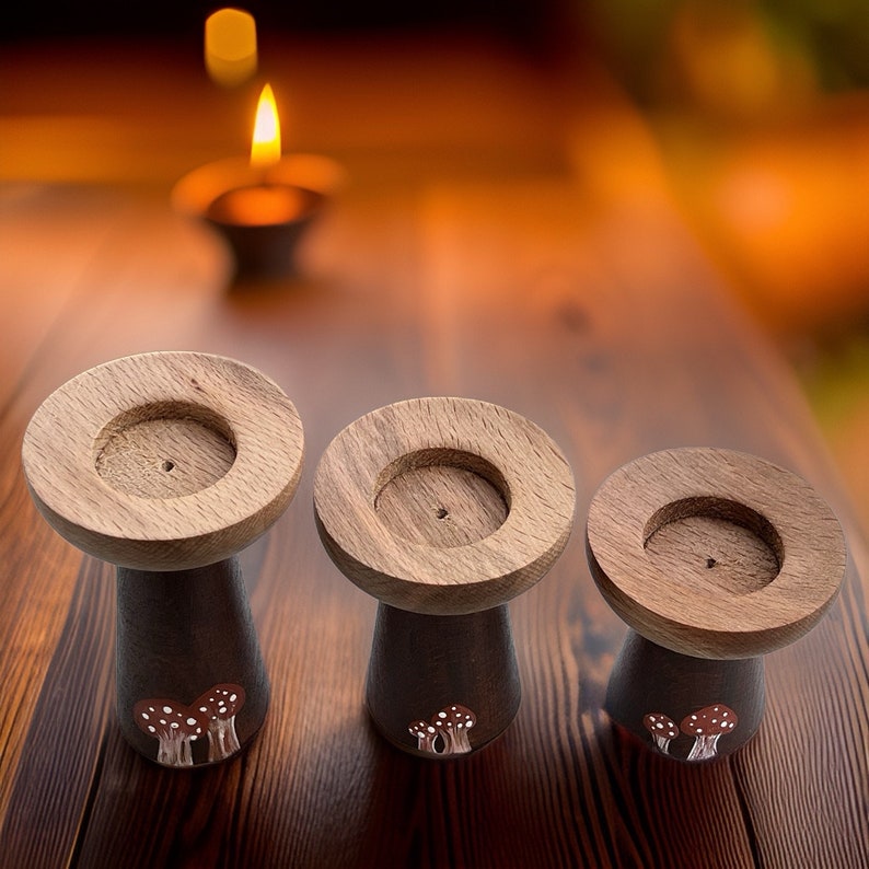Handpainted Mushroom Detailed Wooden Tealight Candle Holders Set of 3 ...