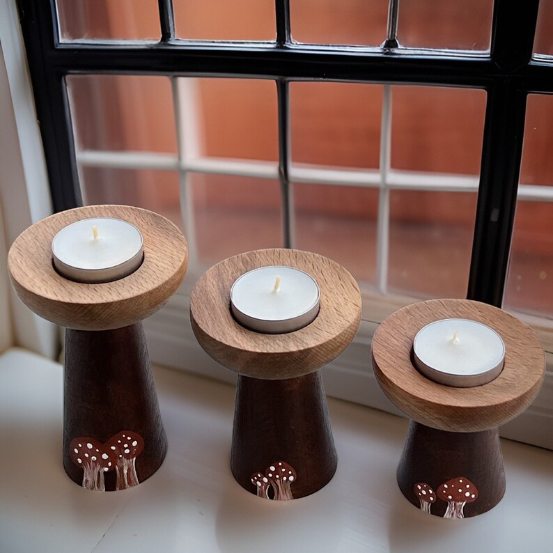 Handpainted Mushroom Detailed Wooden Tealight Candle Holders Set of 3 ...