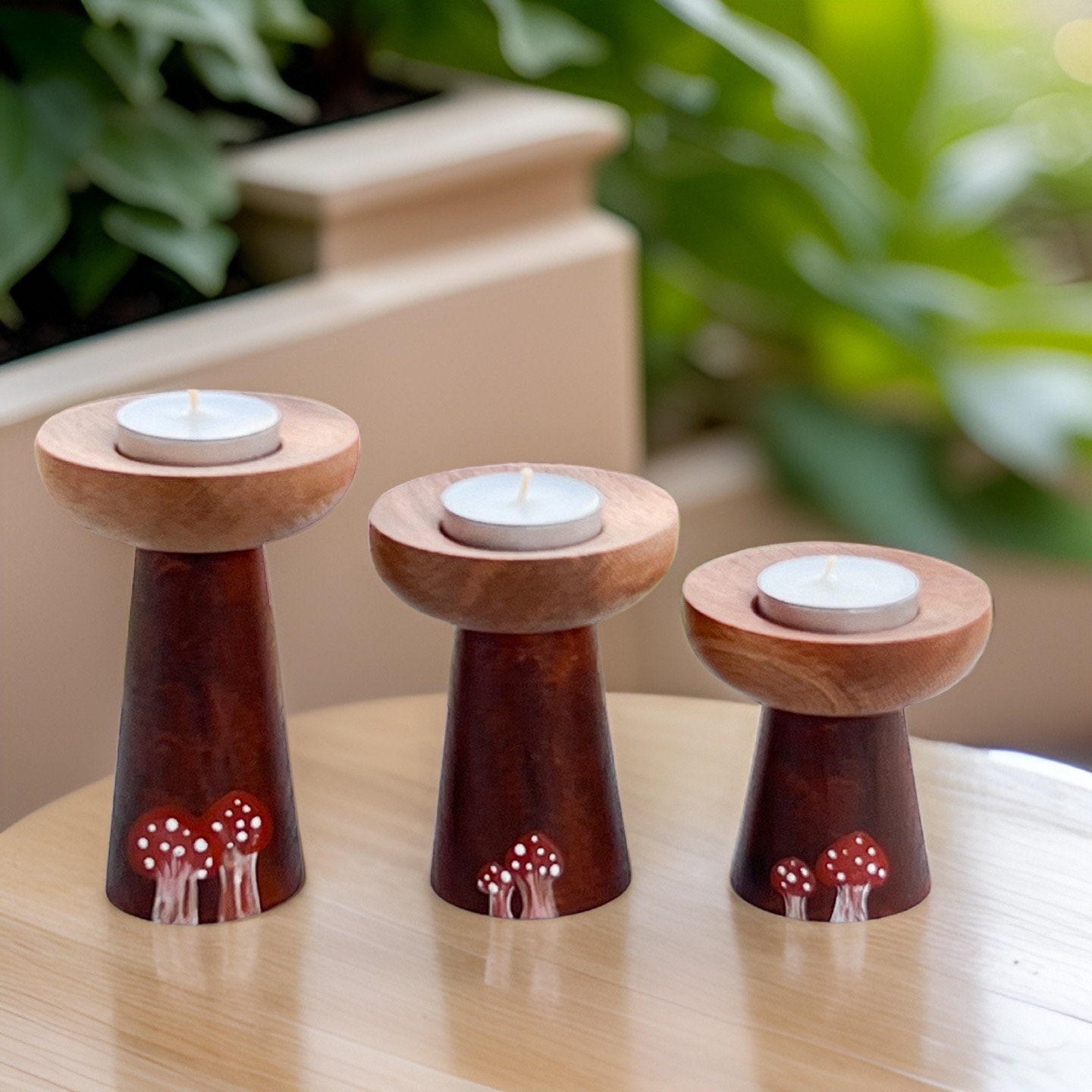 Handpainted Mushroom Detailed Wooden Tealight Candle Holders Set of 3 ...