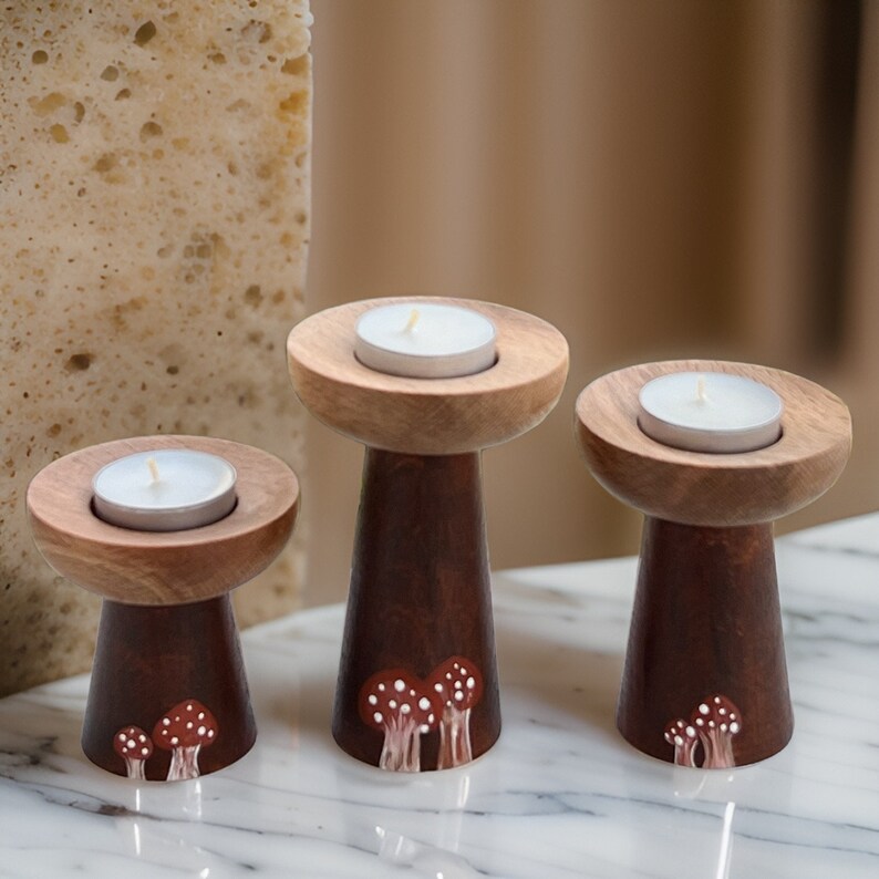 Handpainted Mushroom Detailed Wooden Tealight Candle Holders Set of 3 ...
