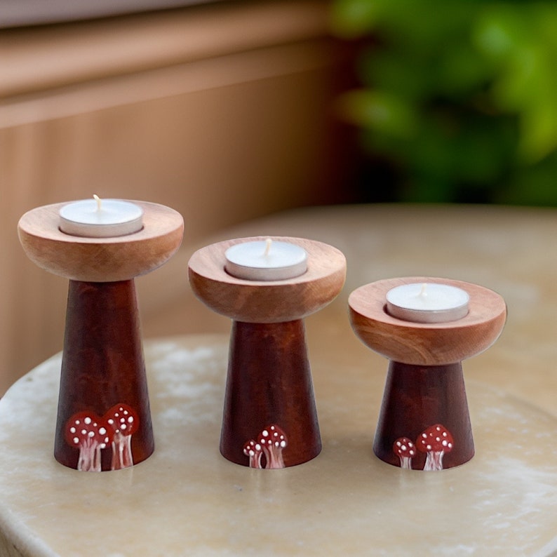 Handpainted Mushroom Detailed Wooden Tealight Candle Holders Set of 3 ...