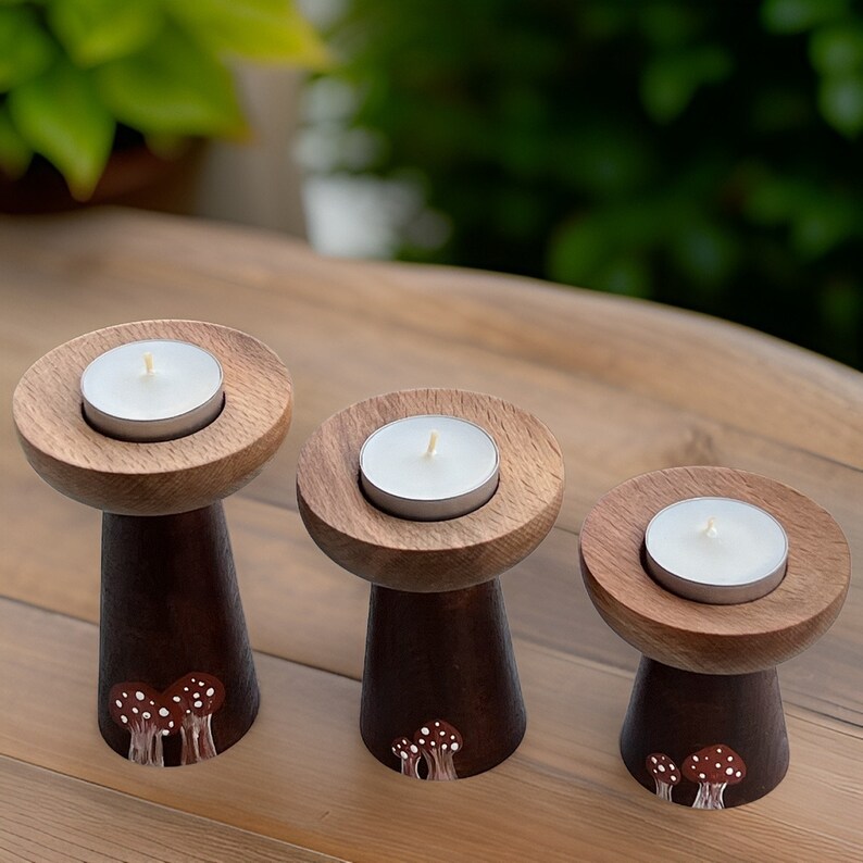 Handpainted Mushroom Detailed Wooden Tealight Candle Holders Set of 3 ...