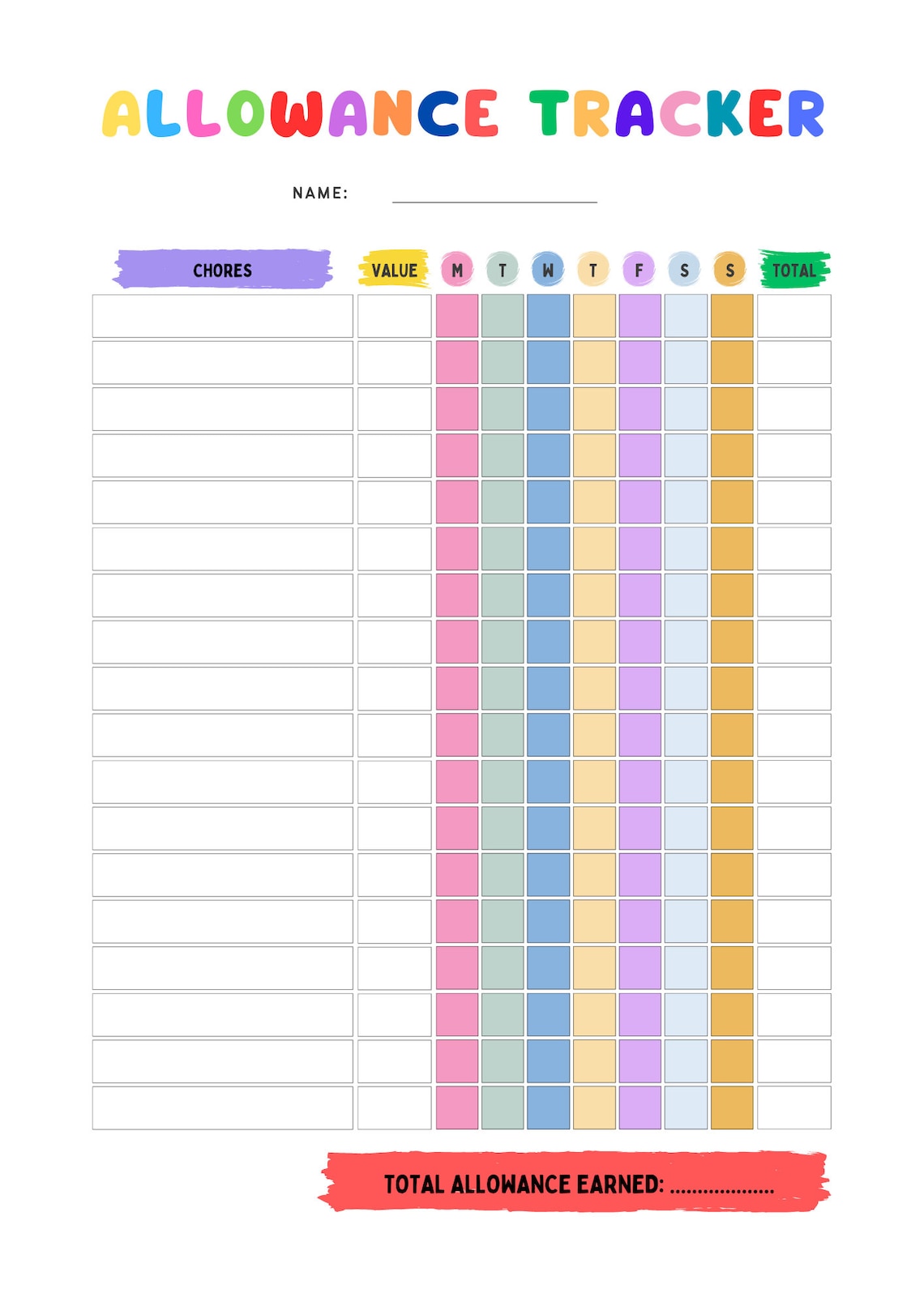 Weekly Allowance Tracker, Printable Kids Allowance Chore Chart, Reward ...
