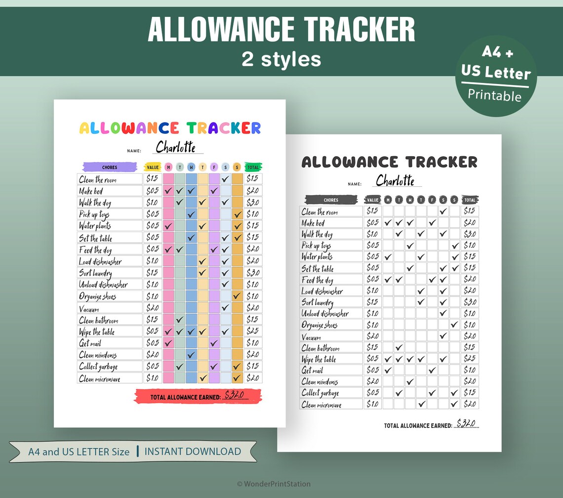 Weekly Allowance Tracker, Printable Kids Allowance Chore Chart, Reward ...