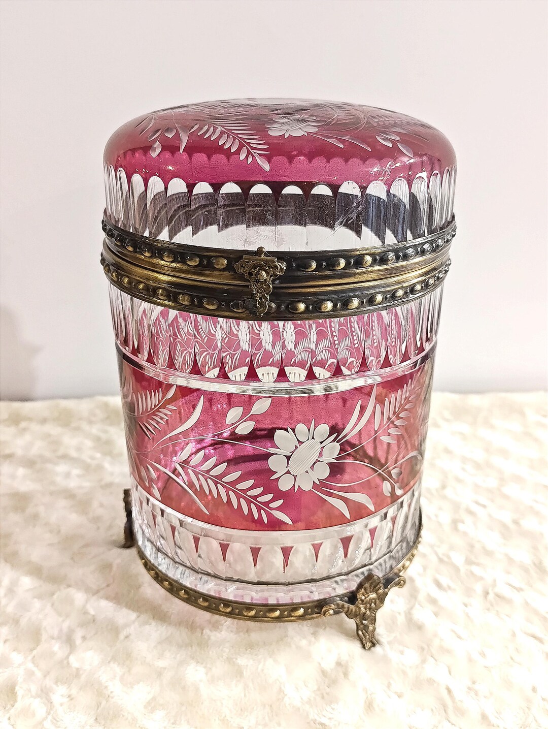 Antique Cranberry Glass Lidded Box With Brass Mounts - Etsy