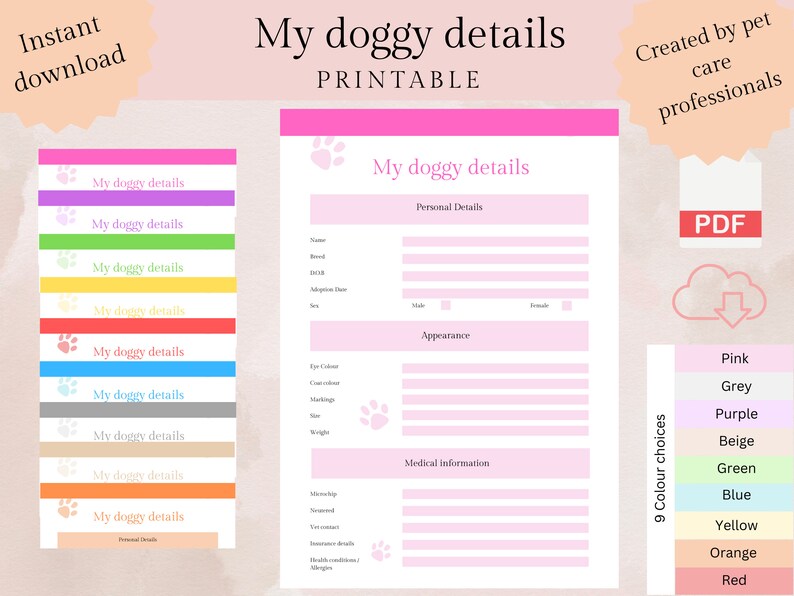 Printable Dog Details Pet Care Planner Dog Care Planner Dog Diary Puppy ...