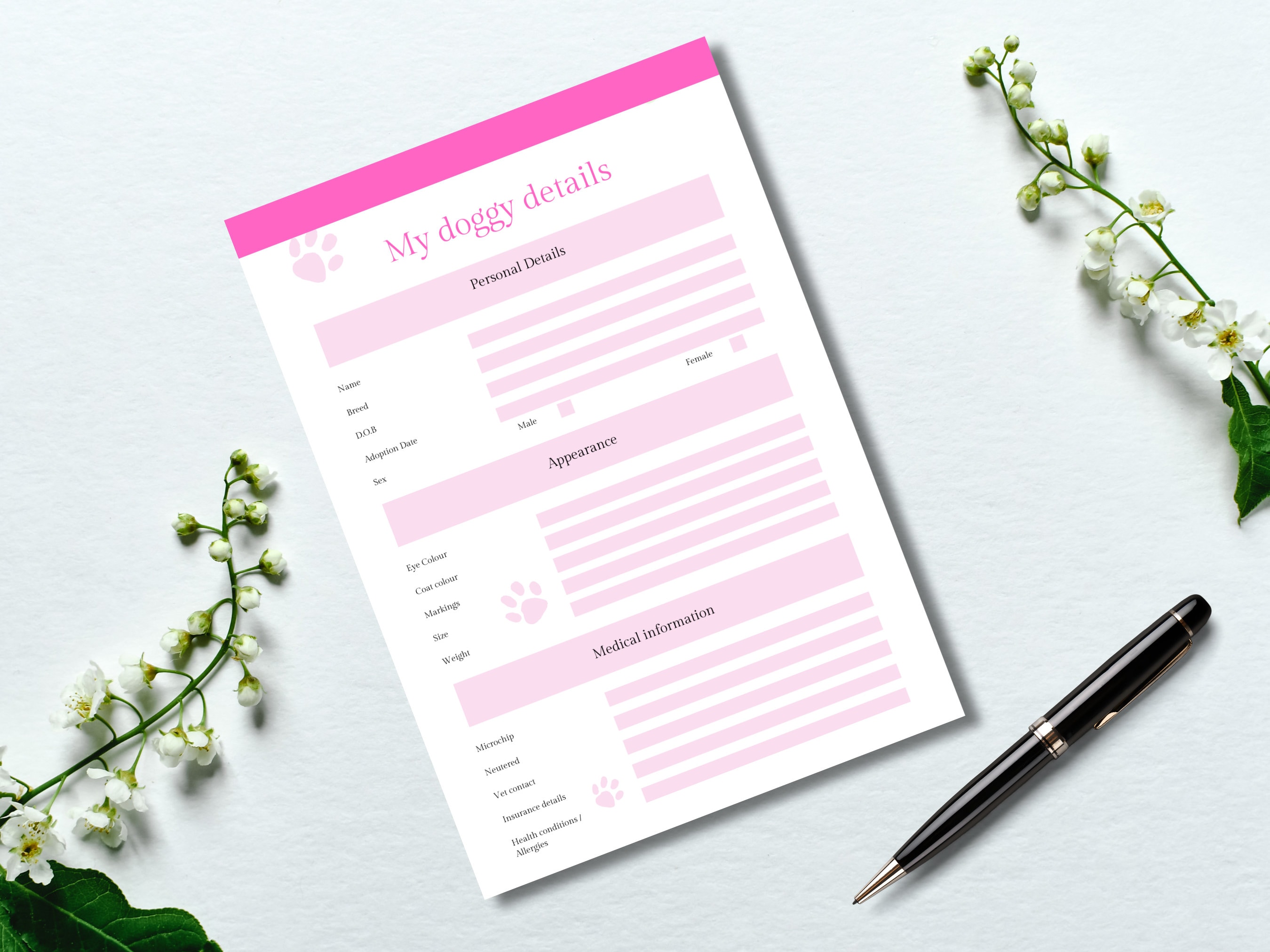 Printable Dog Details Pet Care Planner Dog Care Planner Dog Diary Puppy ...