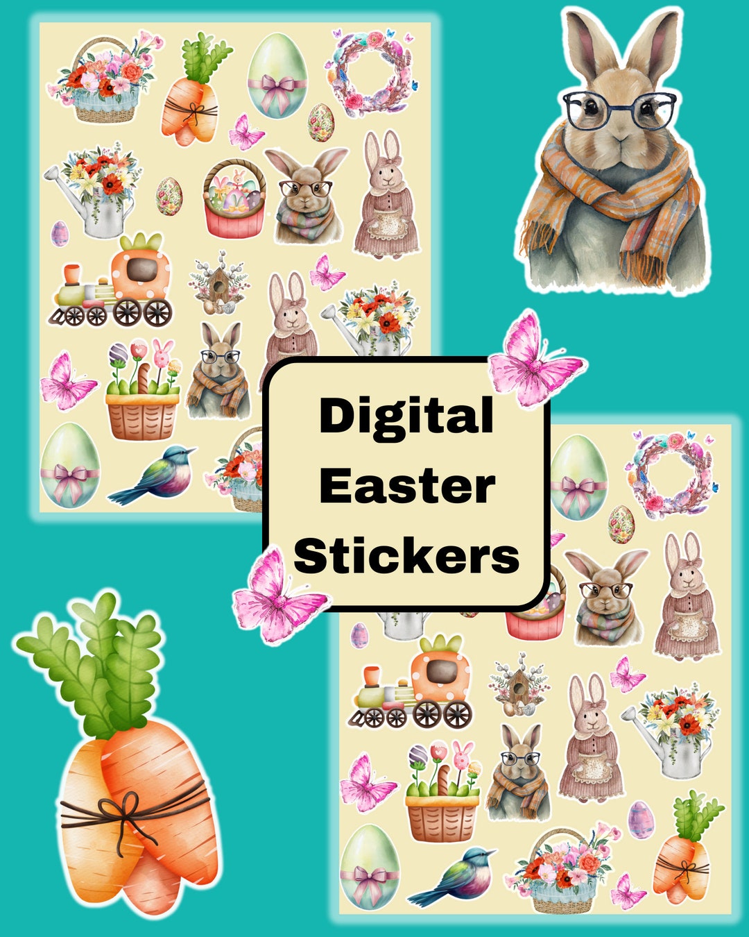 Digital Easter Stickers, Digital Stickers Bunnies, Easter Stickers Eggs ...