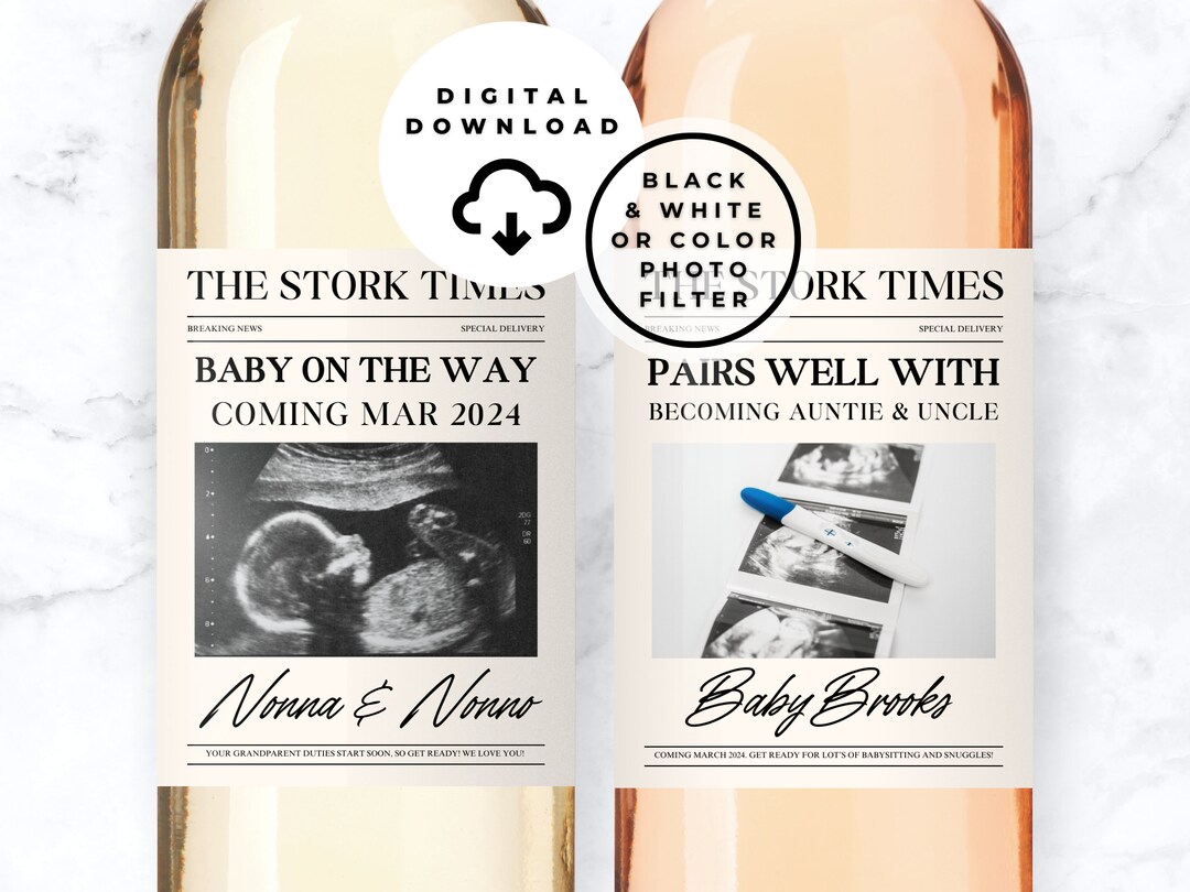 Digital Download Pregnancy Announcement Wine Label, Newspaper Pregnancy ...