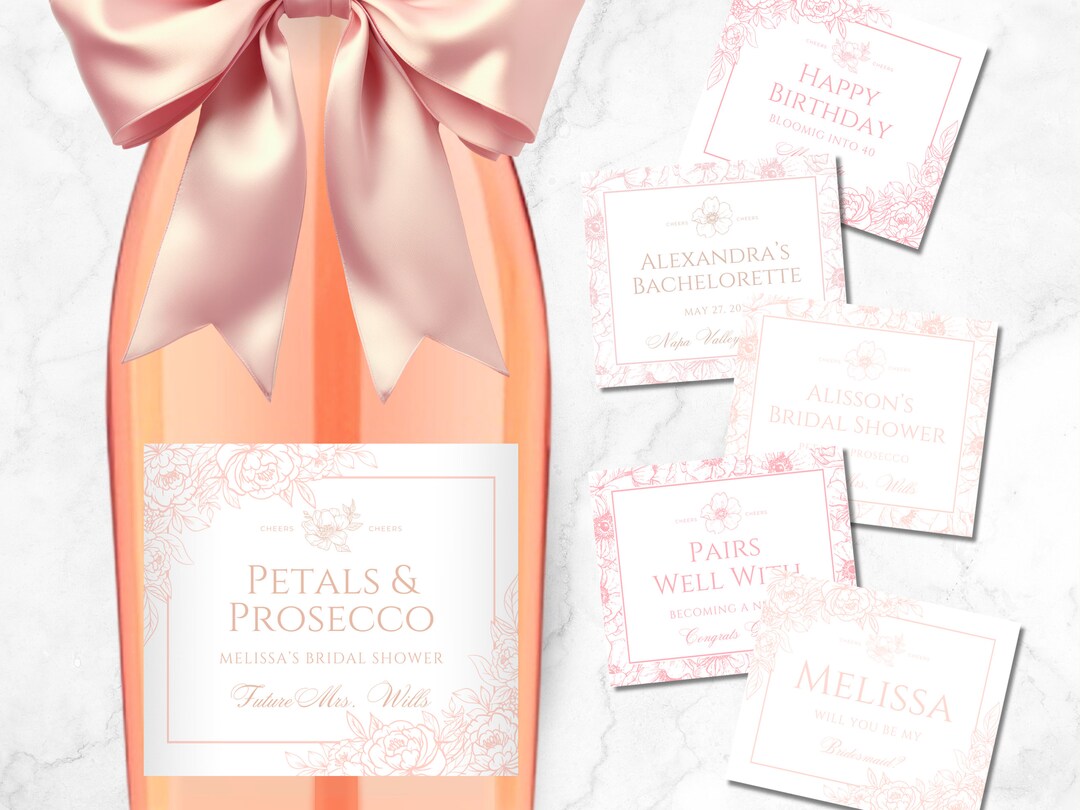 Custom Floral Prosecco Label, Prosecco Bottle Labels, Petals and ...
