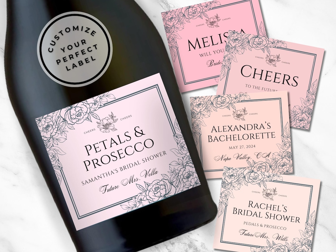 Custom Floral Prosecco Label, Prosecco Bottle Labels, Petals and ...