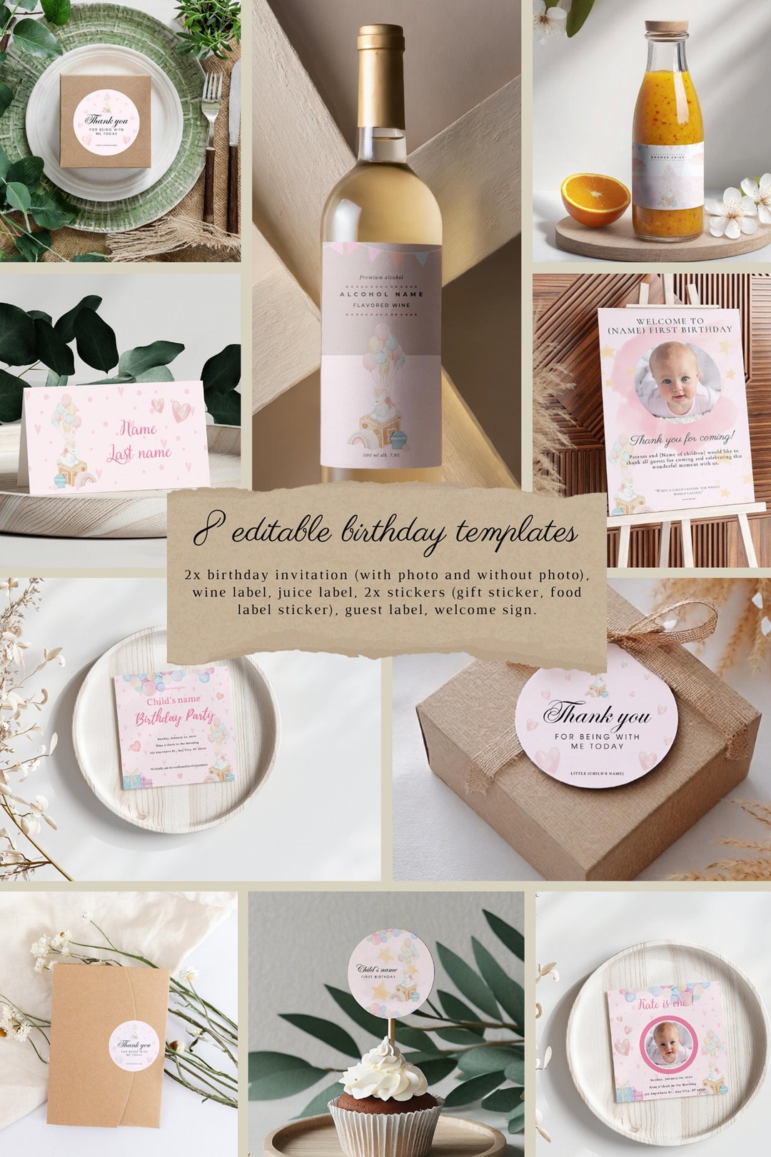 Editable Birthday Invitation Bundle, Light Pink Unicron Party Package ...