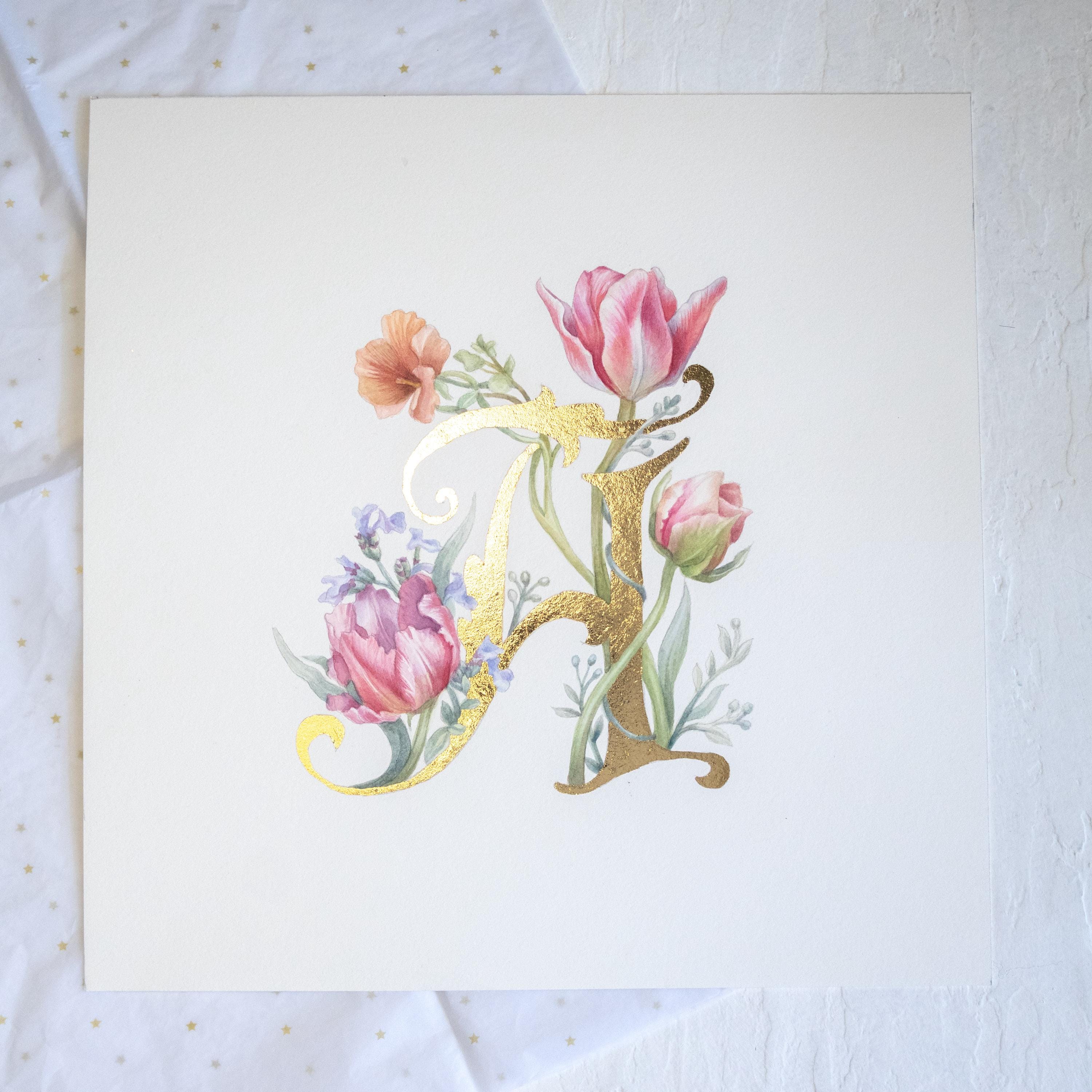 Watercolor Floral Letter A Painting, Original Hand Drawn Name Monogram ...