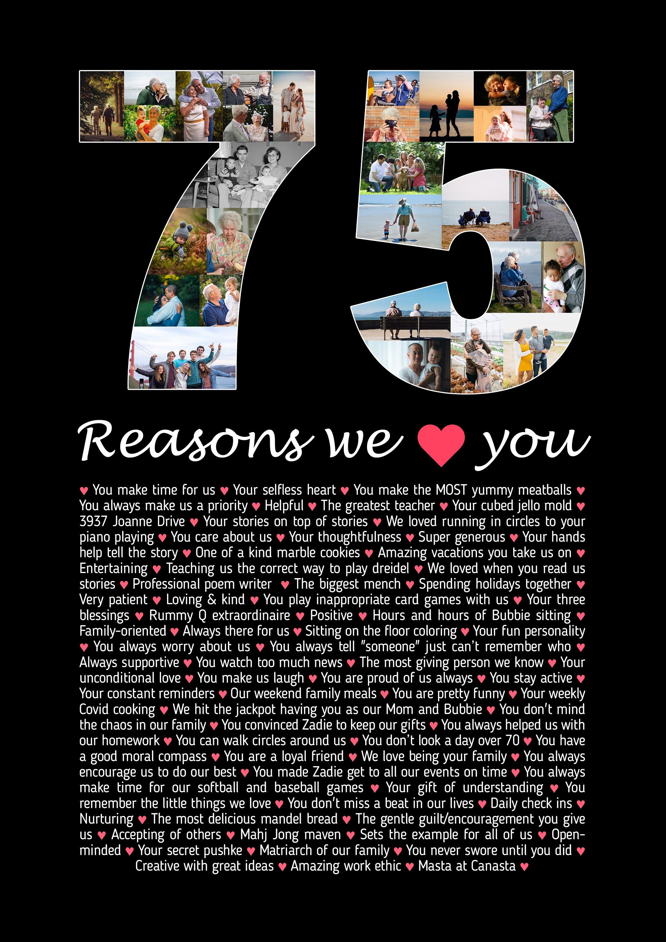 75th Birthday Gift for Men 75 Reasons We Love You Photo Collage 75th ...