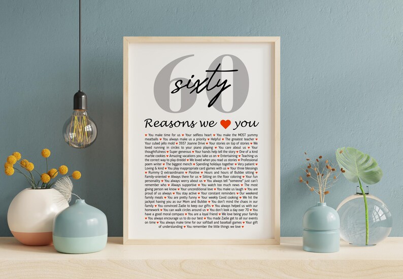 60th Birthday Gift Poster | 60 Reasons We Love You, Personalized ...