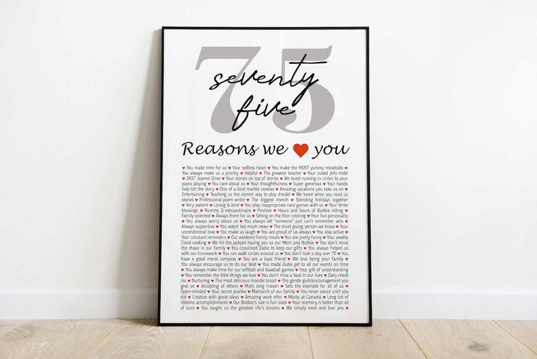 75 Reasons Why We Love You Poster | Personalized 75th Birthday Gift for Women or Men | 75 Things ...