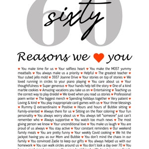 60 Reasons Why We Love You Poster | Personalized 60th Birthday Gift for ...