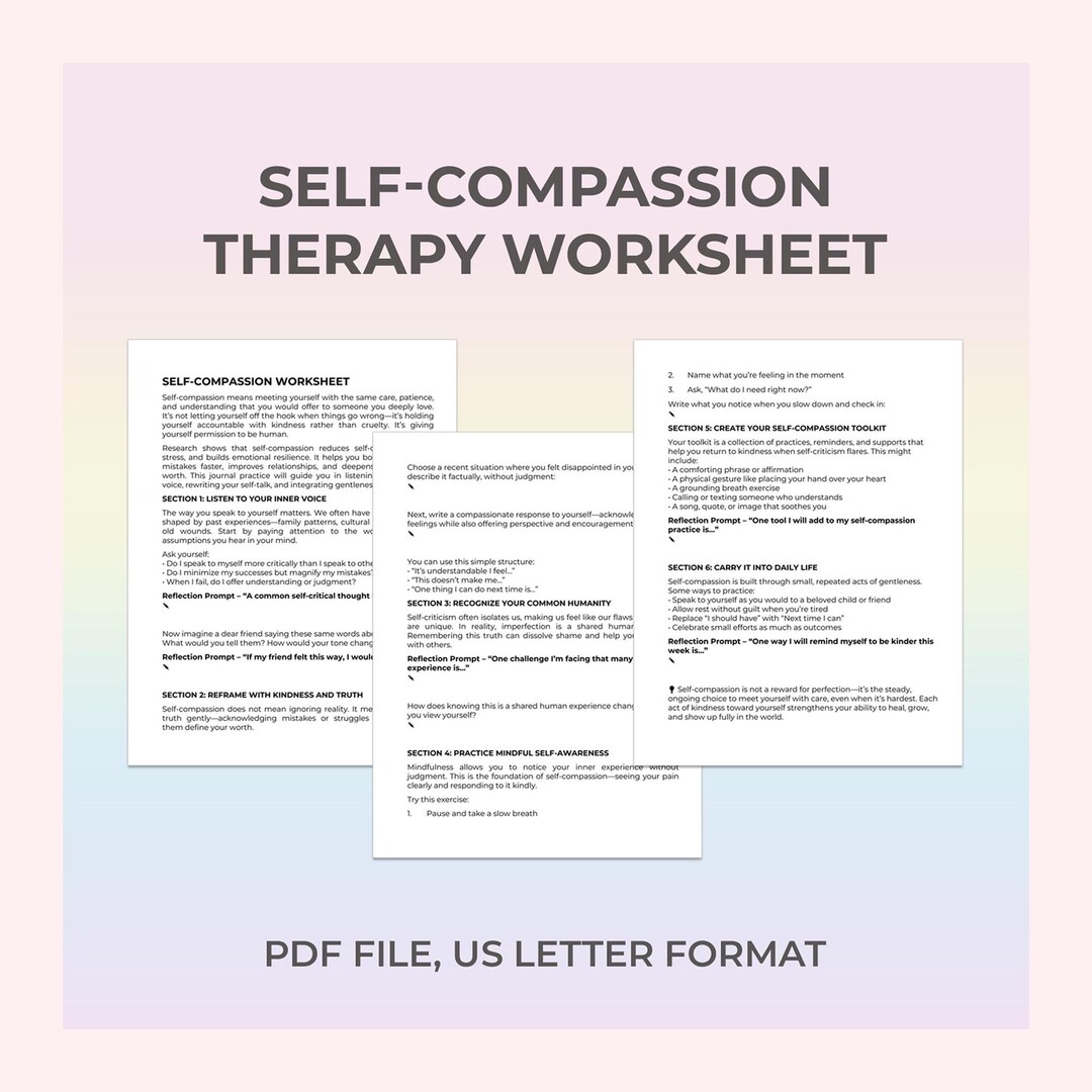 Self Compassion Worksheet Reframing Critical Thoughts Strengthening ...