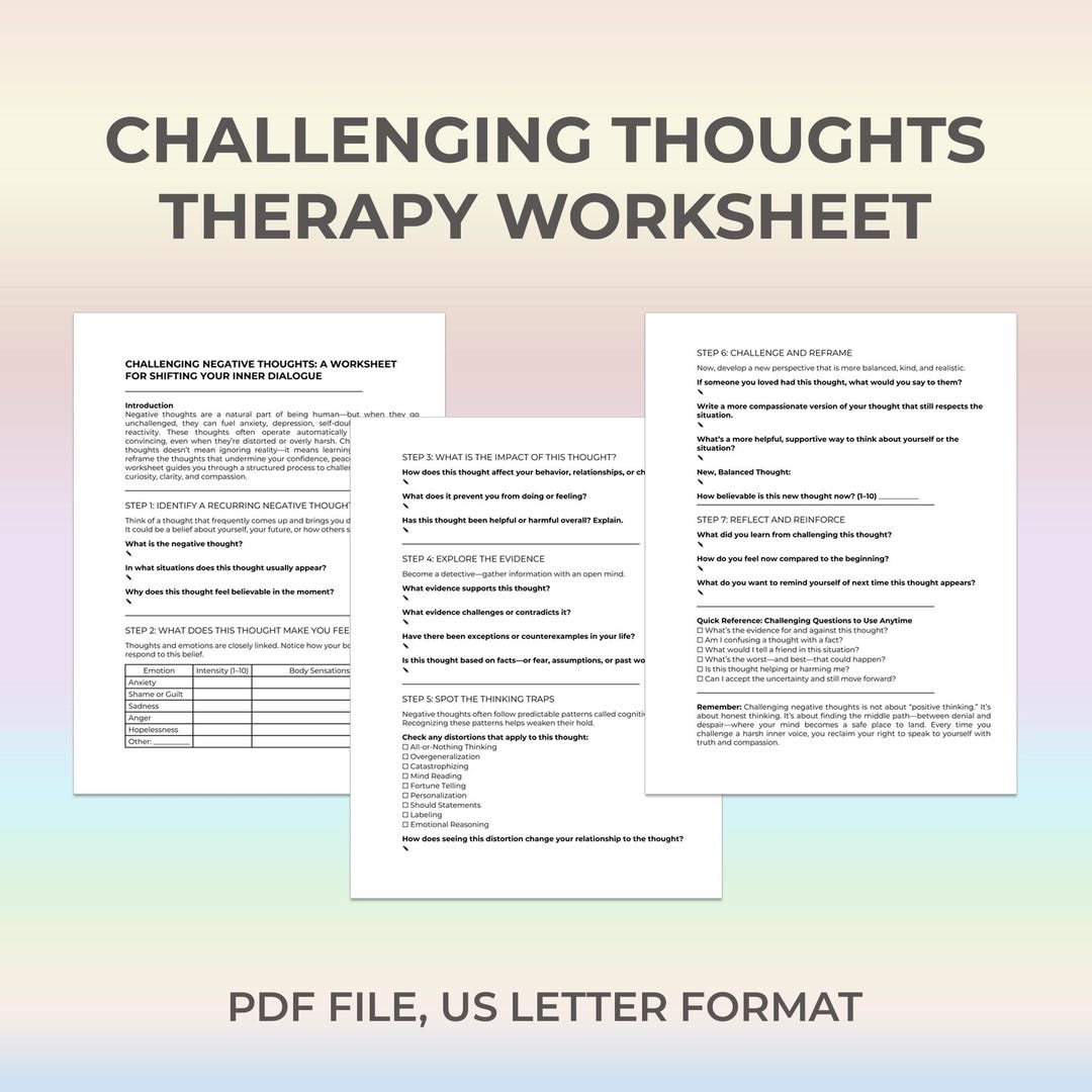 Challenge Negative Thoughts Worksheet, Cbt Resource, Mental Health ...