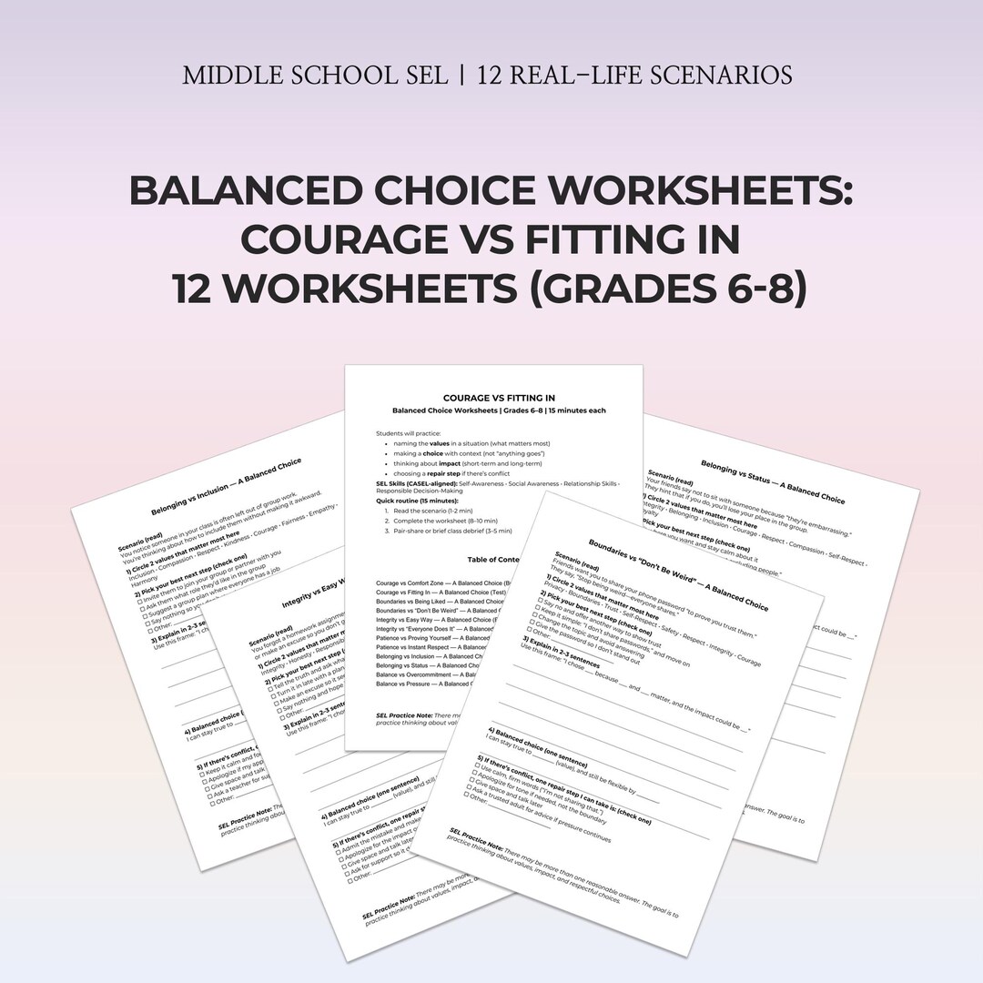 Courage Vs Fitting in SEL Worksheets Grades 6-8 Peer Pressure Healthy ...